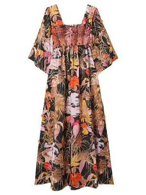 Loretta Caponi Malibu Smocked Printed Cotton Midi Dress - Multi