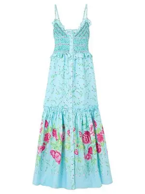 Loretta Caponi Bianca Embroidered Linen Maxi Dress - Blue