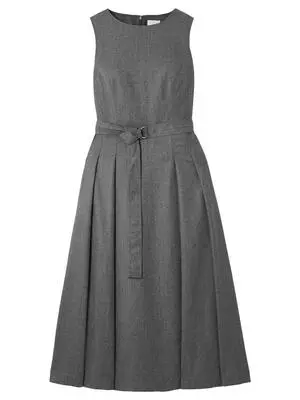 Brunello Cucinelli Belted Pleated Wool Midi Dress - Gray