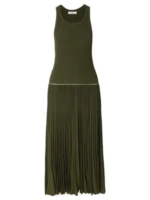 Alaïa Pleated Pointelle-trimmed Ribbed-knit Midi Dress - Green