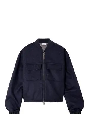 Brunello Cucinelli Bead-embellished Leather-trimmed Wool Bomber Jacket - Blue