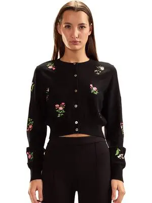 Cynthia Rowley Floral Embroidered Cashmere Cardigan - Black
