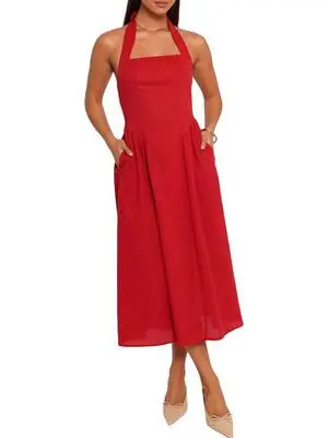 PETAL & PUP Linen Halter Midi Dress - Red