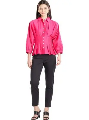 Natori Cotton Silk Slub Pleated Shirt - Pink