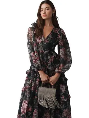 Bhldn Floral Chiffon Plunge Maxi Dress - Black Floral