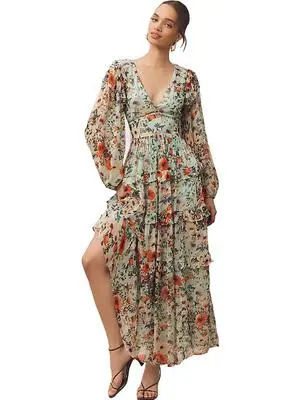 Bhldn Floral Chiffon Plunge Maxi Dress - Mint