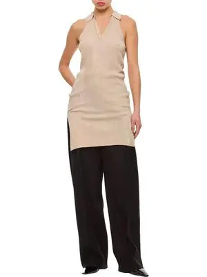 QUIRA Ribbed Tank Top With Side Slits - Neutrals