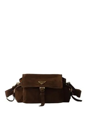 Prada Explore Medium Suede Shoulder Bag With Flap Cocoa Brown