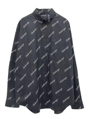 Balenciaga All Over Logo Button Down Shirt - Black