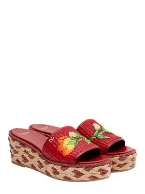 Valentino Garavani Embellished Raffia Espadrille Platform Sandals - Red