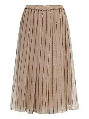 Brunello Cucinelli Regimental Paillette Crispy Silk Chiffon Midi Skirt - C8909 Rope