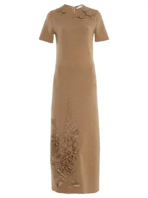 Oscar De La Renta Foxglove-embroidered Wool Midi Sweater Dress - Brown