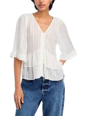 Aqua Ruffle Shadow Stripe Top - White