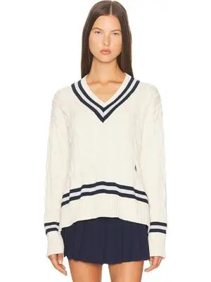 SPORTY & RICH Cableknit V Neck Sweater - Ecru  Dark Navy  & Ciel