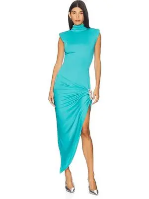 AREA Crystal Cluster Draped Midi Dress - Teal