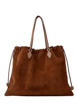 JIMMY CHOO Large Suede And Leather Drawstring Tote With Embossed Logo - Tan/light Gold