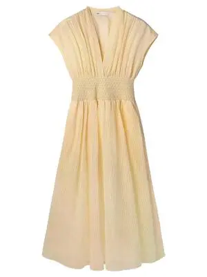 Tory Burch Striped V-neck Smocked Midi Day Dress - Neutrals