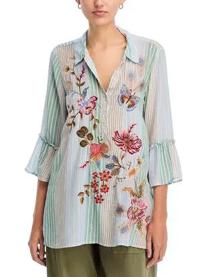 Johnny Was Floral Silk Ruffle Cuff Blouse - Zilly Stripe