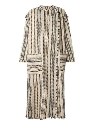 MARANT ETOILE Striped Tweed Coat With Frayed Edges - Ecru