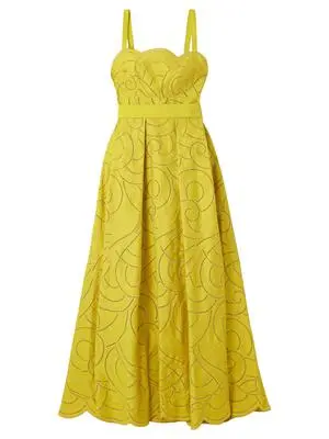 Elie Saab Belted Pleated Embroidered Cotton-blend Twill Gown - Yellow