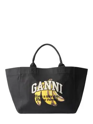 GANNI Printed Cotton-canvas Tote - Black