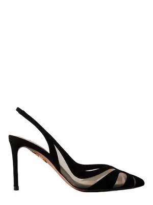 AQUAZZURA Lune 85 Mesh-trimmed Suede Slingback Pumps - Black