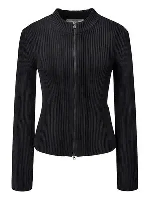 AMOMENTO Mock-neck Ribbed Cardigan - Black