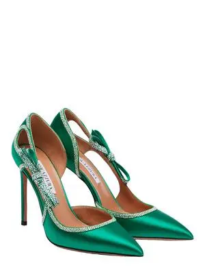 AQUAZZURA Soave Crystal 105 Bow-detail Satin Pumps - Green