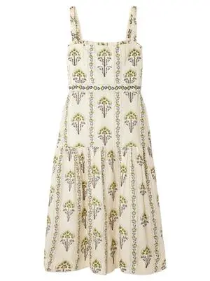 AGUA BY AGUA BY BENDITA Nispero Tiered Embroidered Printed Linen Midi Dress - Cream