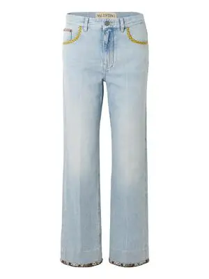 Valentino Garavani Embellished Printed Chiffon-trimmed Mid-rise Straight-leg Jeans - Blue