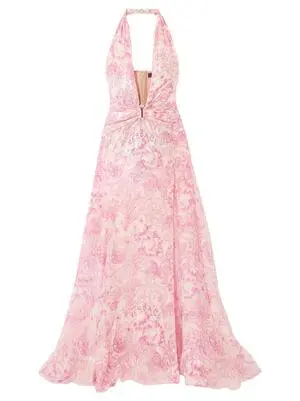 Versace Embellished Metallic Printed Silk-blend Chiffon Gown - Pink