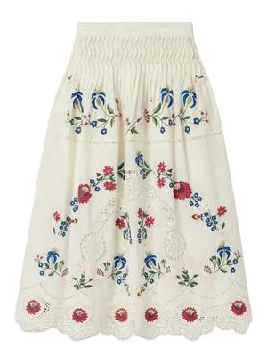 Sea Celia Broderie Anglaise Cotton And Linen-blend Midi Skirt - Cream