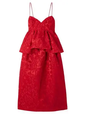 La DoubleJ Floral-jacquard Matelassé Peplum Midi Dress - Red