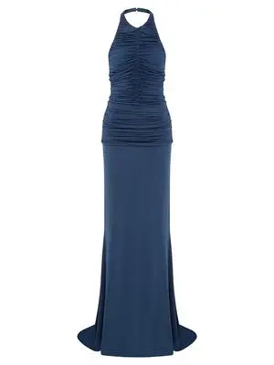Ila Rami Ruched Satin Maxi Halter Dress - Blue