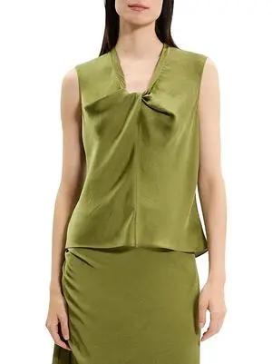 Theory Twist Neck Blouse In Crushed Satin - Avocado