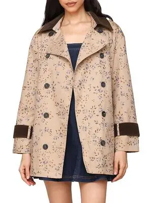 Avec Les Filles Mixed Media Oversized Trench Coat - Tan Autumn Ditsy