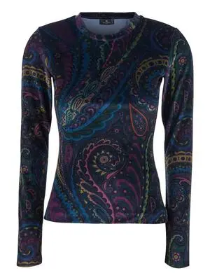 Etro Long-sleeve Velvet T-shirt With Paisley Print - Blue