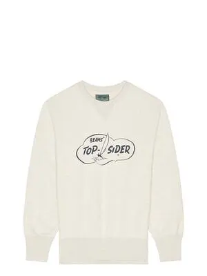 BEAMS Sweat Crew Print In Cream - Oatmeal