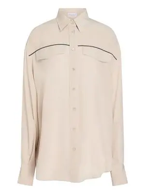 Brunello Cucinelli Bead-embellished Silk Crepe De Chine Shirt - Beige