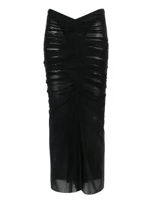 MUGLER Ruched Mesh Midi Skirt - Black