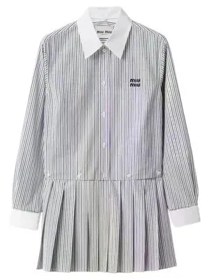 Miu Miu Pleated Striped Mini Shirt Dress - White