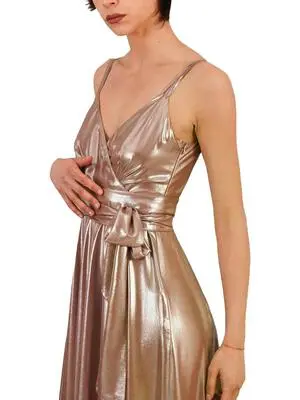 LE RJTANGE Metallic Wrap Dress - Brown