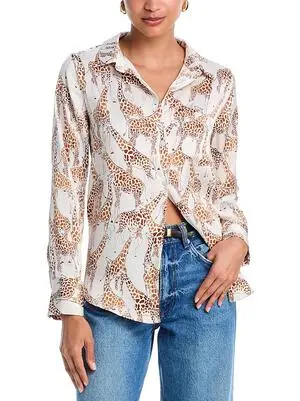 Aqua Giraffe Print Satin Shirt - Ivory/dark Brown