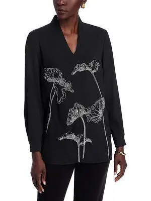 Misook Embroidered V-neck Blouse - Black/white
