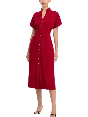 Misook Mock Neck Button Front Midi Dress - Scarlet Red