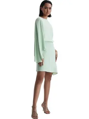 REISS Cape Sleeve Asymmetric Mini Dress - Sage