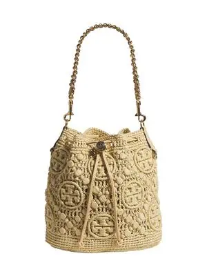 Tory Burch Raffia Monogram Bucket Bag - Neutral