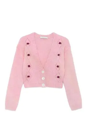 Alessandra Rich Rose-embroidered Cropped Cardigan - Pink