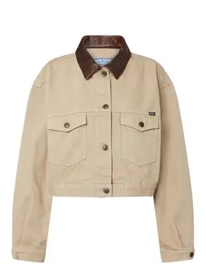 Prada Cropped Denim Jacket With Leather Trim - Beige