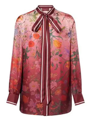 Gucci Floral Silk Tie-neck Shirt - Pink